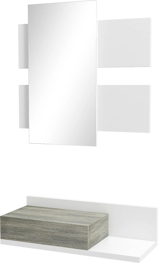 HOMCOM Sada nábytku do vstupní haly, zrcadlo a zásuvka, moderní styl 75x3,5x75 cm a 75x30,5x20 cm, bílá a šedá | Aosom