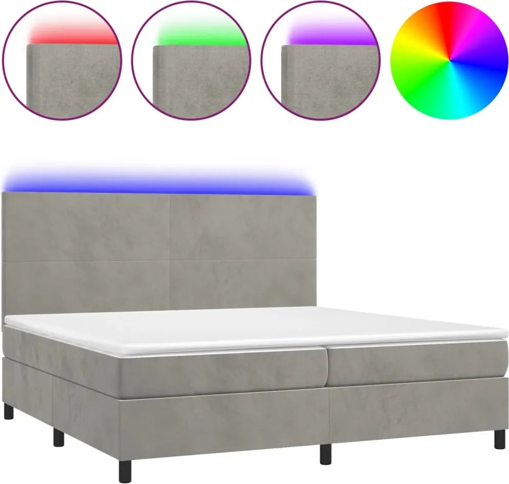 Box spring postel s matrací a LED světle šedá 200x200 cm samet 3136023