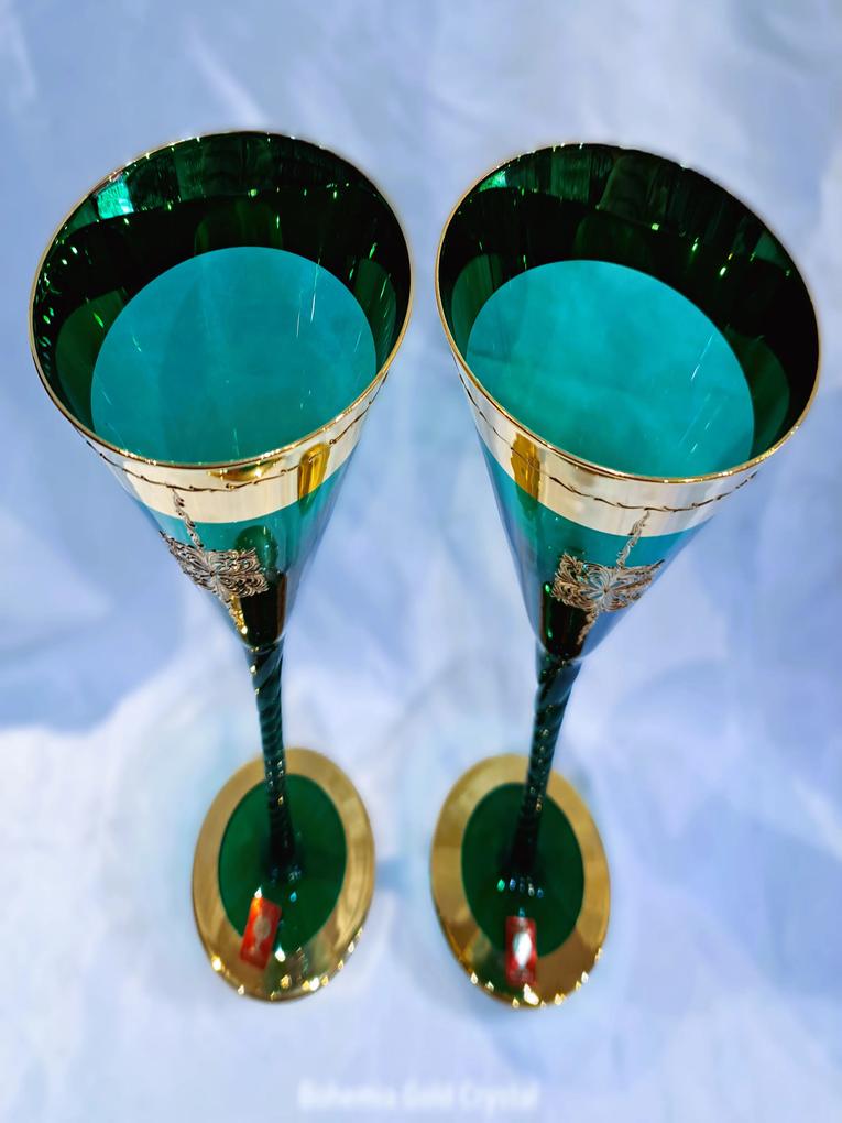 Sklenice na šampaňské, zelená barva, zdobené zlatem, 160 ml, 2 ks