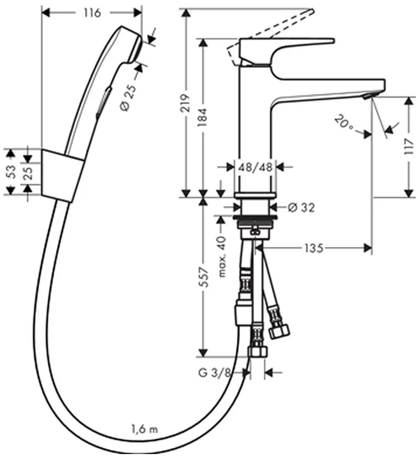 Hansgrohe Metropol - Bidetta 1jet, ruční sprcha, páková umyvadlová baterie s páčkovým rukojetí, sada 1,60m, chrom 32522000