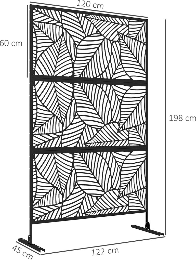 Dekorativní panel pro venkovní použití Outsunny s větrem rozkládající se listovou vzorem - 122 x 45 x 198 cm, černý