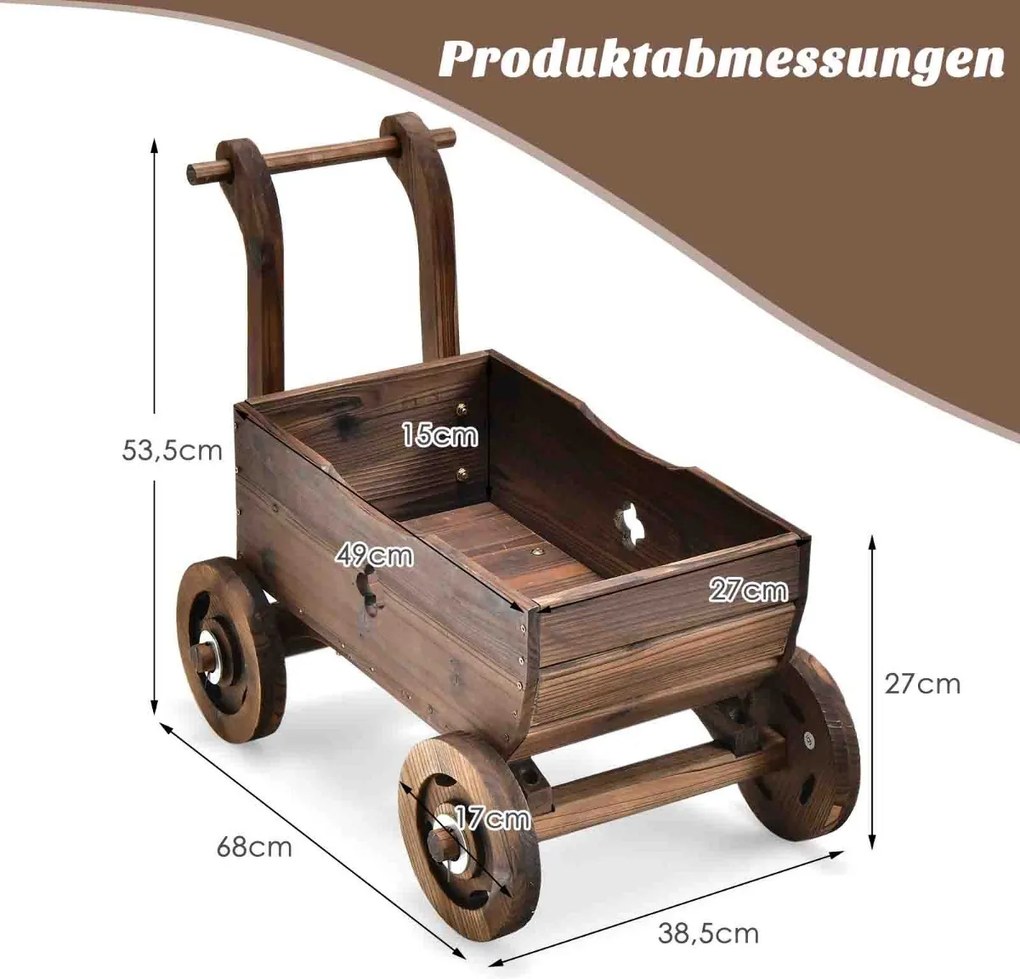 Costway Květinový vozík dřevěný květináč s kolečky – 68 × 38,5 × 53,5 cm, hnědý