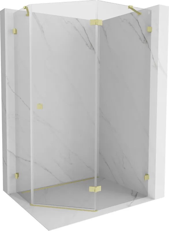 Mexen Lunar, pětiúhelníkový sprchový kout s pravým sklonem 90 x 80 cm, 8mm čiré sklo, zlatý matný profil, 831-090P-080L-55-00-P
