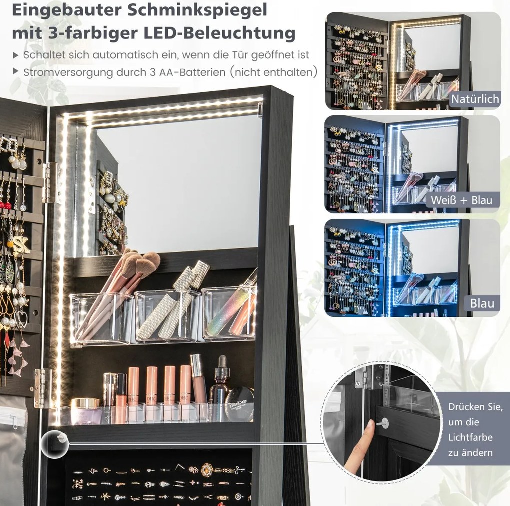 Costway Otočná skříňka na šperky o 360° s tříbarevnými LED světly Volně – černý