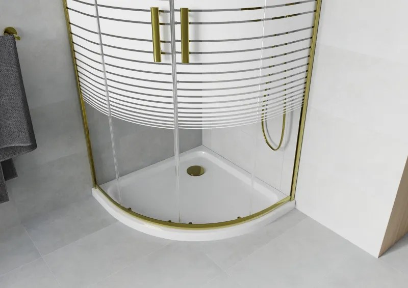 Mexen Rio, čtvrtkruhový sprchový kout 80(dveře)x80(dveře)x190 cm, 5mm čiré sklo s pásky, zlatý profil + bílá sprchová vanička SLIM, 863-080-080-50-20-4110G
