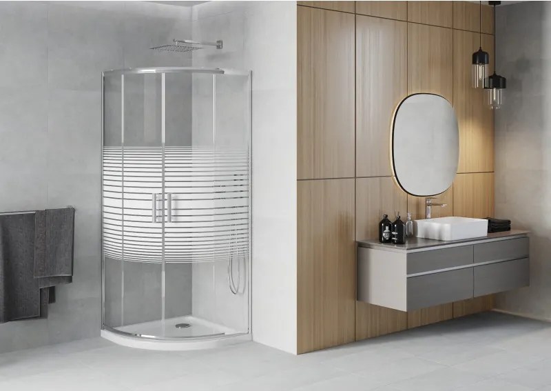 Mexen Rio polokruhový sprchový kout 90 x 90 cm, bílé pruhy, chrom + vanička Flat, bílá - 863-090-090-01-20-4110