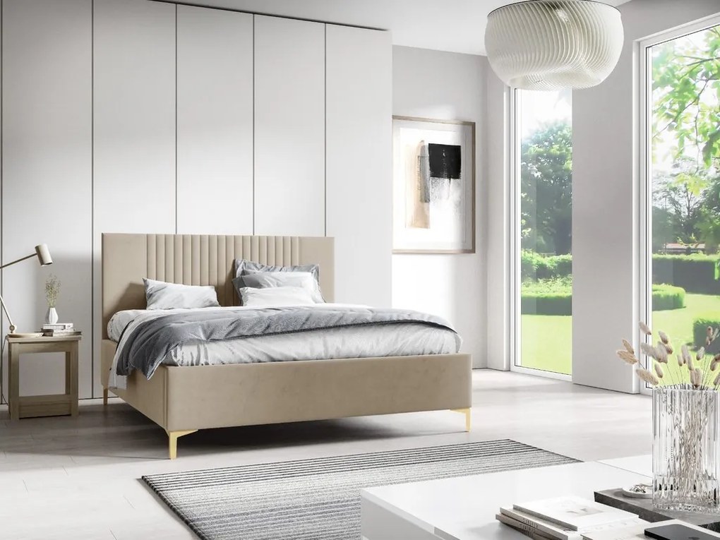 Eka Čalouněná postel LINA+ 160x200 cm Barva látky Trinity: Černá (Trinity 2316), Úložný prostor: S dřevěným rámem úložného prostoru, Barva nožek postele: Zlatá