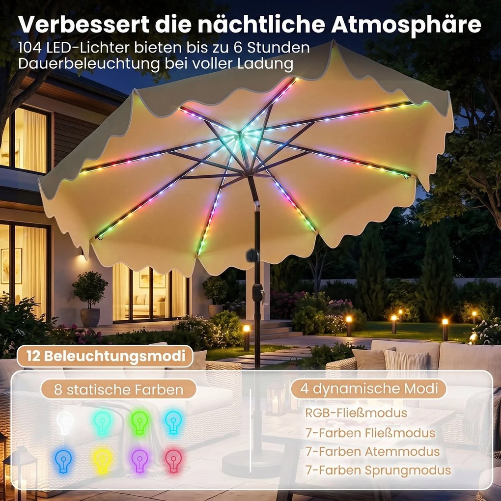 Costway Slunečník 270 cm se solárním LED osvětlením Větruodolný s 8 žebrováním