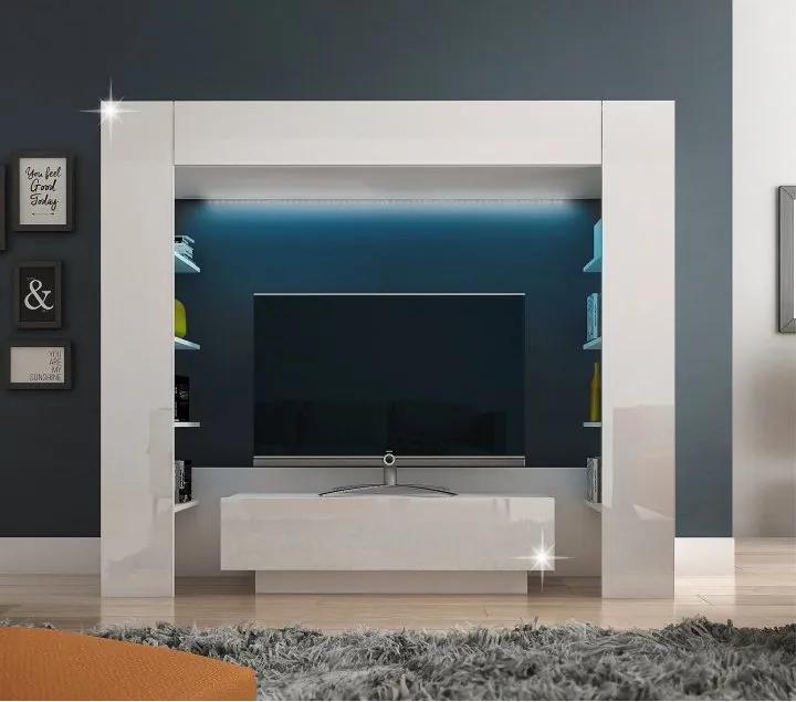Tempo Kondela Luxusní TV a media stěna, bílá / bílý extra vysoký lesk s LED osvětlením, MONTEREJ