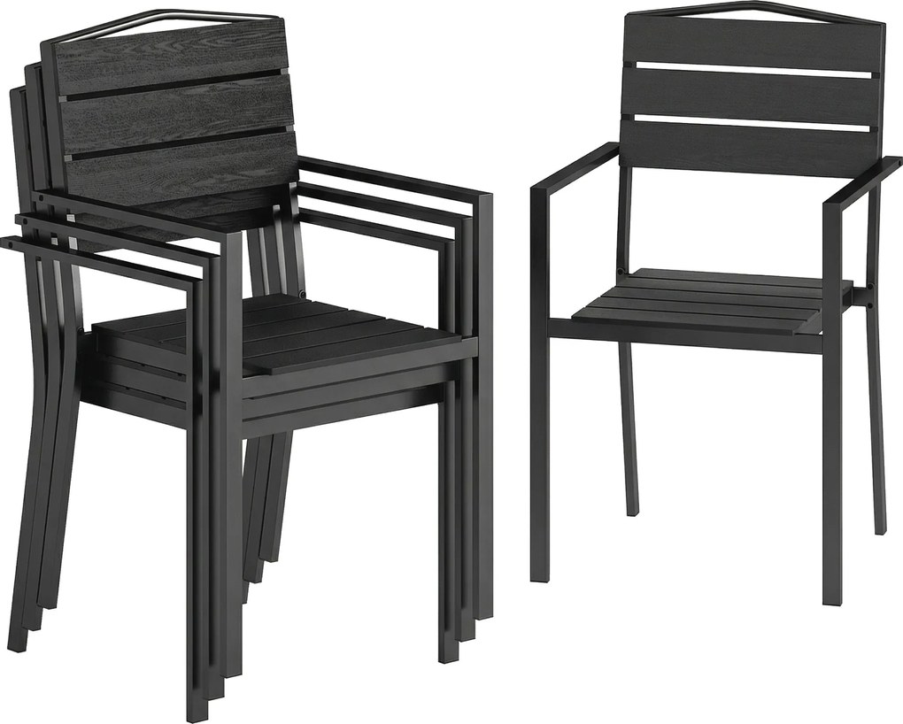 Outsunny zahradní židle – sada 4 stohovatelných křesel s latěným designem a područkami, odolné vůči počasí, černé, 52 × 51 × 90 cm | Aosom