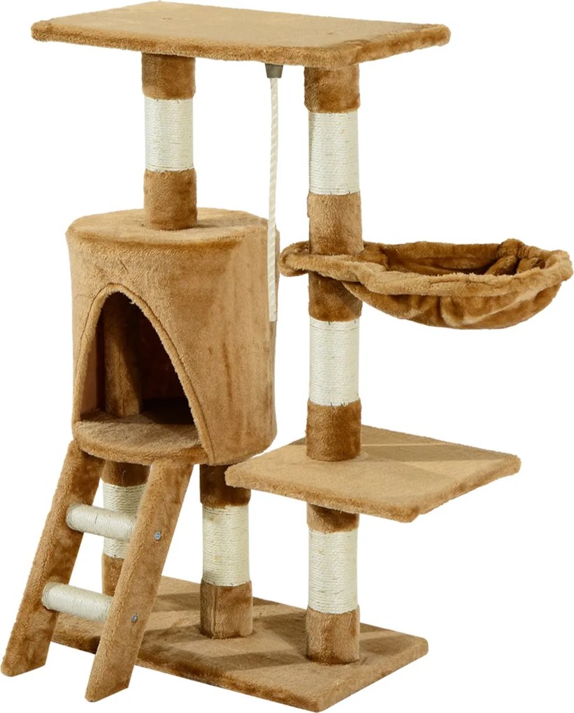 PawHut Kočičí Škrabadlo 55x30x95 cm s Hnízdem, Stolky, Žebříkem a Hračkou z Dřevotřísky Potažené Plyšem Hnědé | Aosom