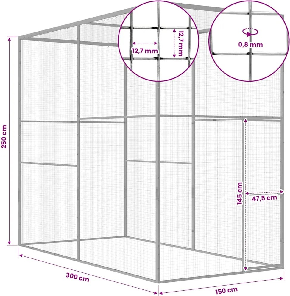 Klec pro kočky 3 x 1,5 x 2,5 m pozinkovaná ocel 146360