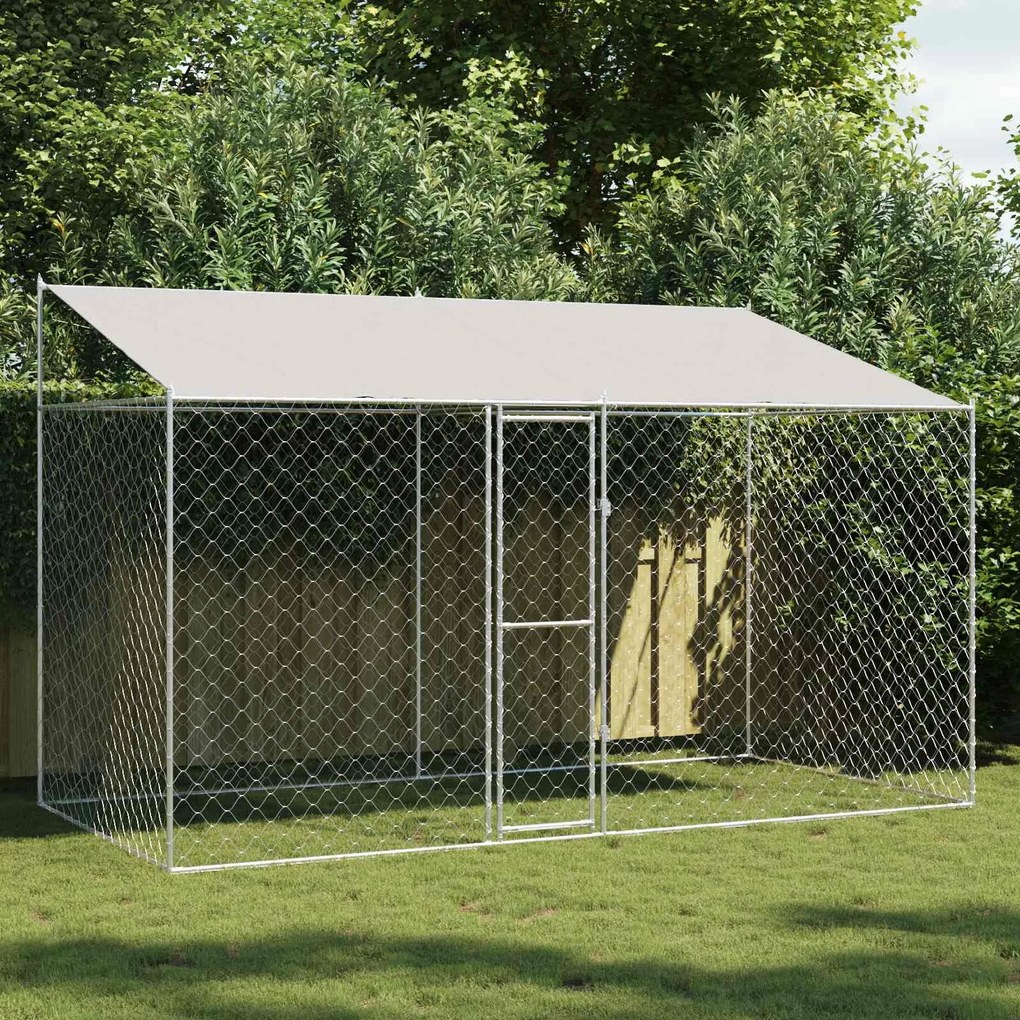 Psí klec s střechou Stříbrná 400 x 200 x 256 cm Ocel a PE 3368301