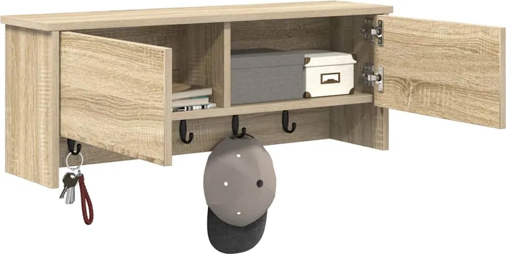 věšák, nástěnný, s dvířky, háčky, kompozitní dřevo, 30x80x20 cm, dub sonoma, Dekorino TK20260024