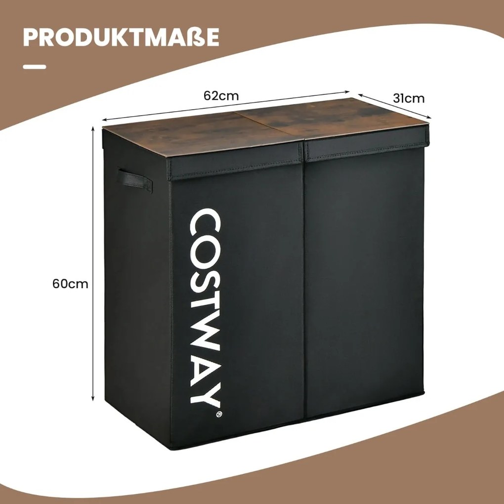 Costway 115 L 2 přihrádky koš na prádlo z netkané textilie s víkem a držadly