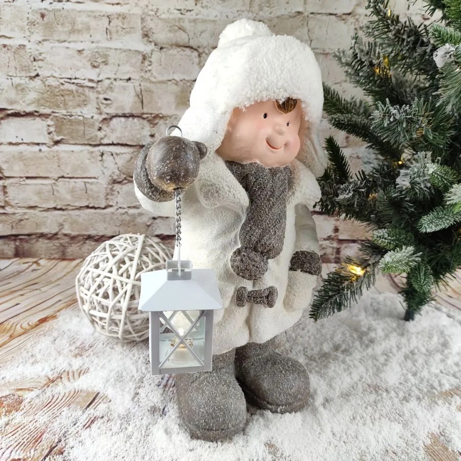 Vánoční figurka- velké dítě v bílém kabátku s lucernou- 42 cm