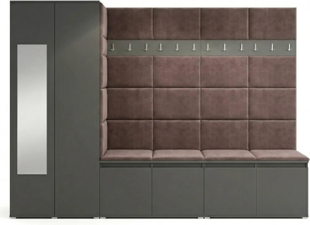 Předsíňová stěna Trinity 9 s čalouněnými panely, 290 cm, grafit/ světle hnědá