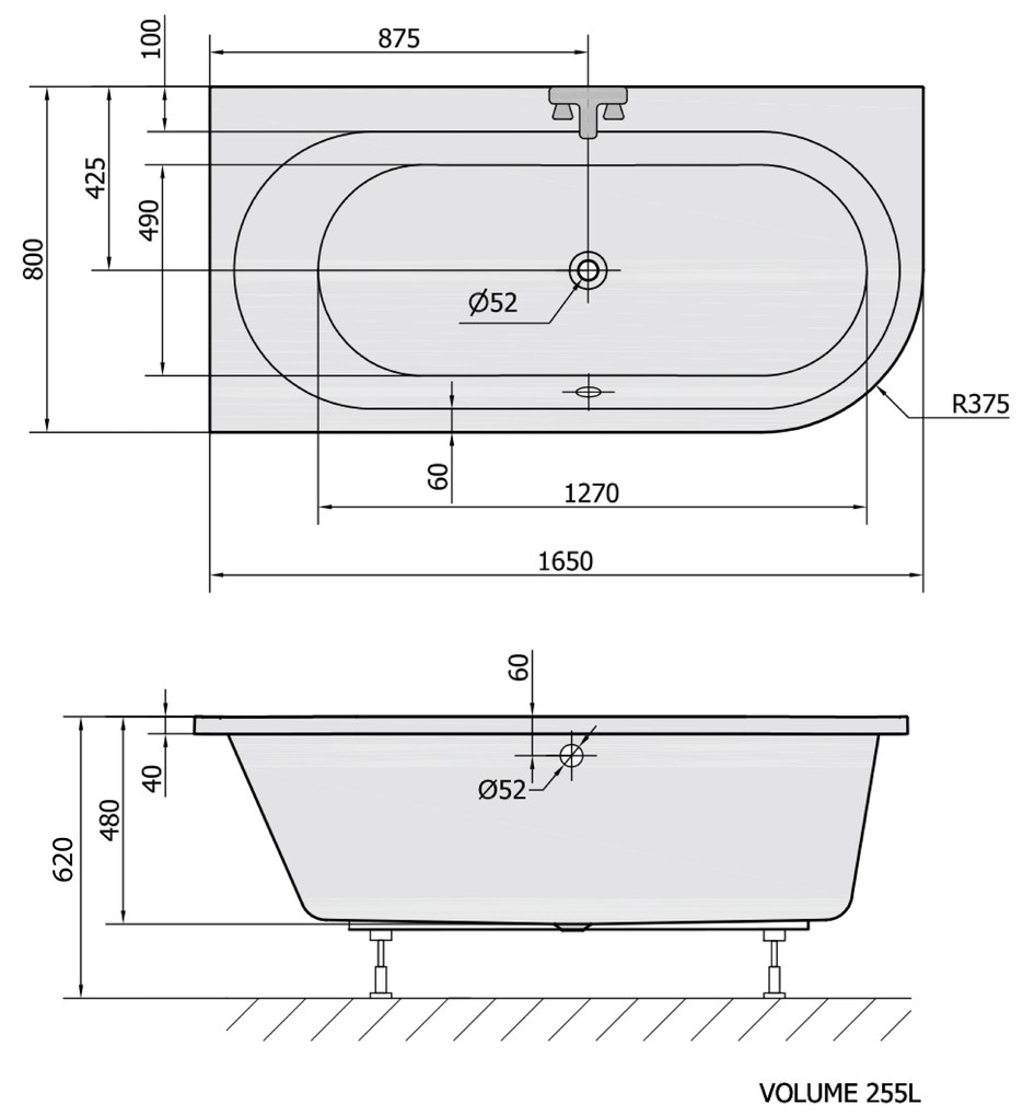Polysan ASTRA L asymetrická vana 165x80x48 cm, bílá, 33611
