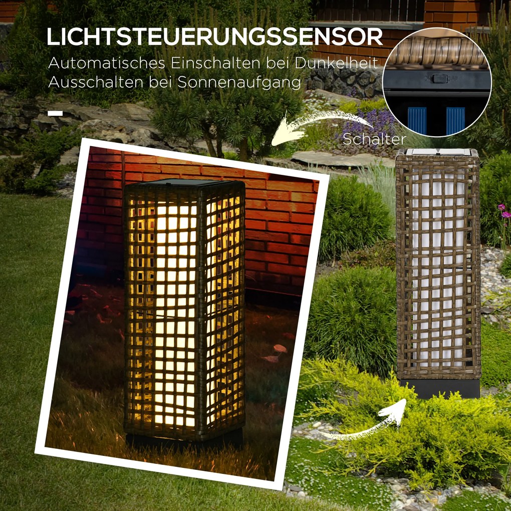 Outsunny solární lampa ratan, vodotěsná, se světelným senzorem, LED venkovní světlo, 15,5x15,5x46cm| Aosom