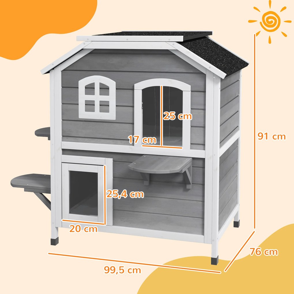PawHut dřevěný domeček pro kočky 78 x 55,5 x 91 cm voděodolný s podlahou odolnou proti vlhkosti únikové dveře skákací plošiny otvor v podlaze šedý