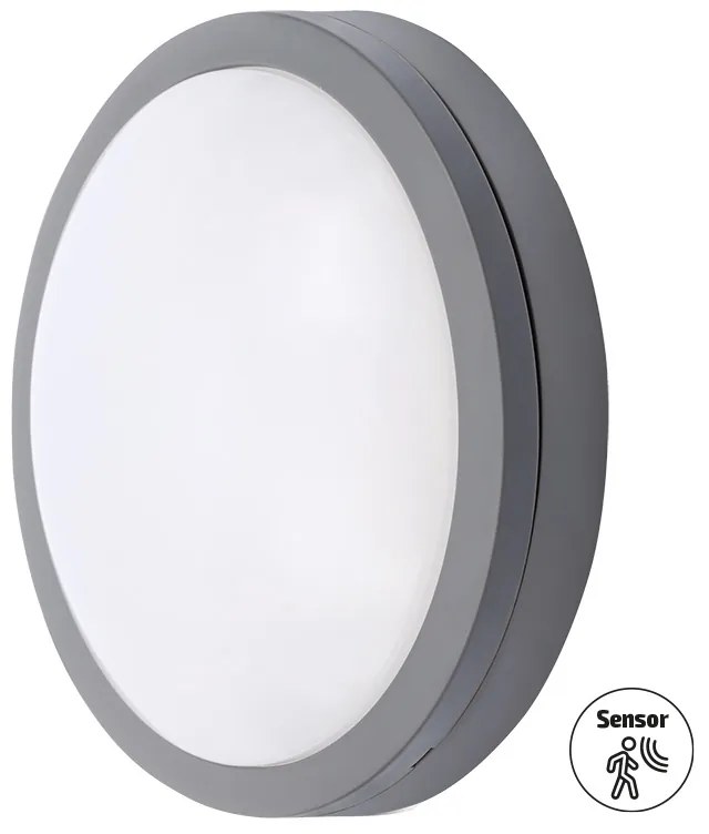 Solight Šedé LED stropnínástěnné svítidlo 230mm 20W IP54 se senzorem