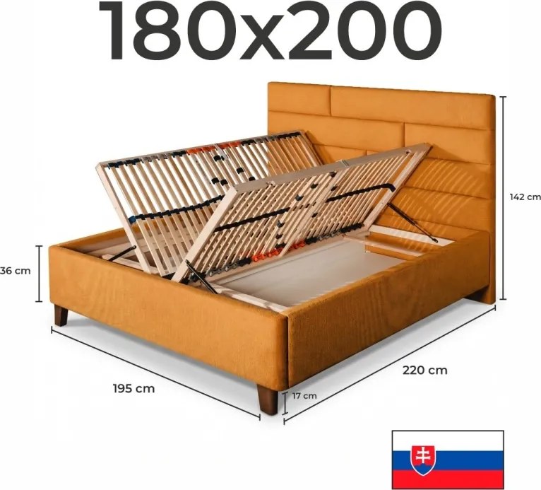 Postel čalouněná AZRA + lamelový rošt + matrace EMI