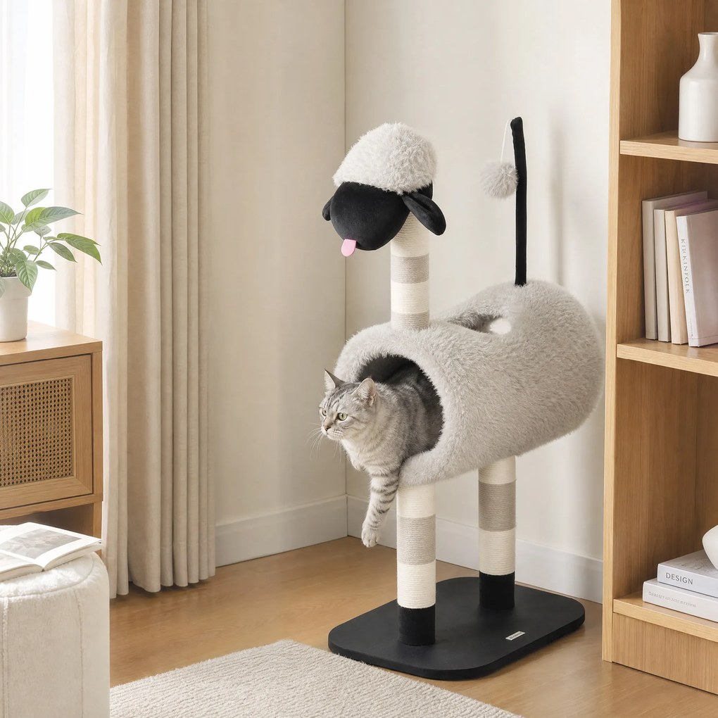 PawHut Kočičí strom v designu ovce, se škrábacím sloupkem, tunelem a hračkou, 98 cm, světle šedá