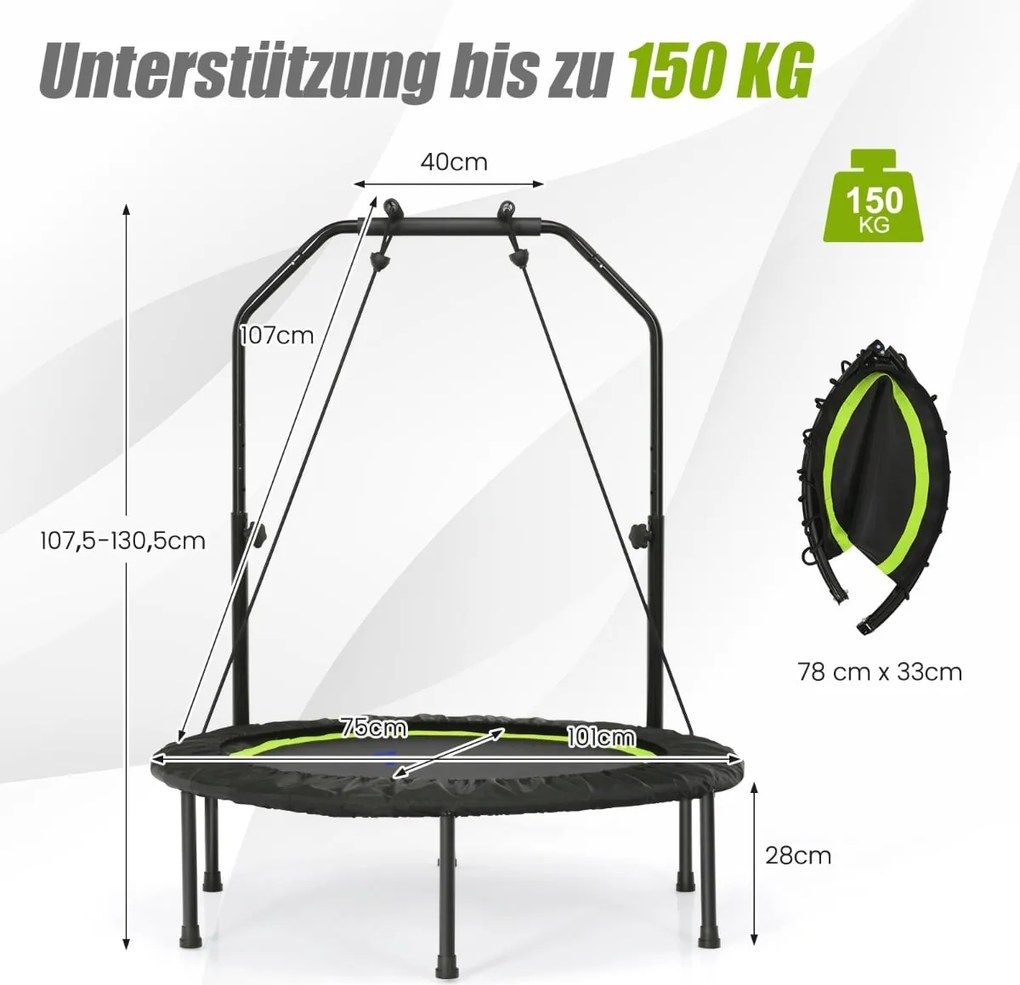 Costway Mini trampolína Ø101 cm s výškově nastavitelným madlem a 2 odporovými