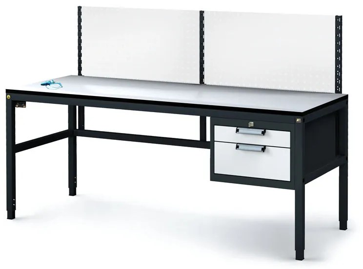Alfa 3 Antistatický dílenský ESD stůl s perfopanelem, 2 zásuvkový box na nářadí, 1800x800x745-985 mm