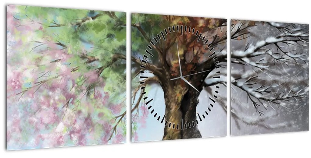 Obraz - Strom čtyř ročních období (s hodinami) (90x30 cm)