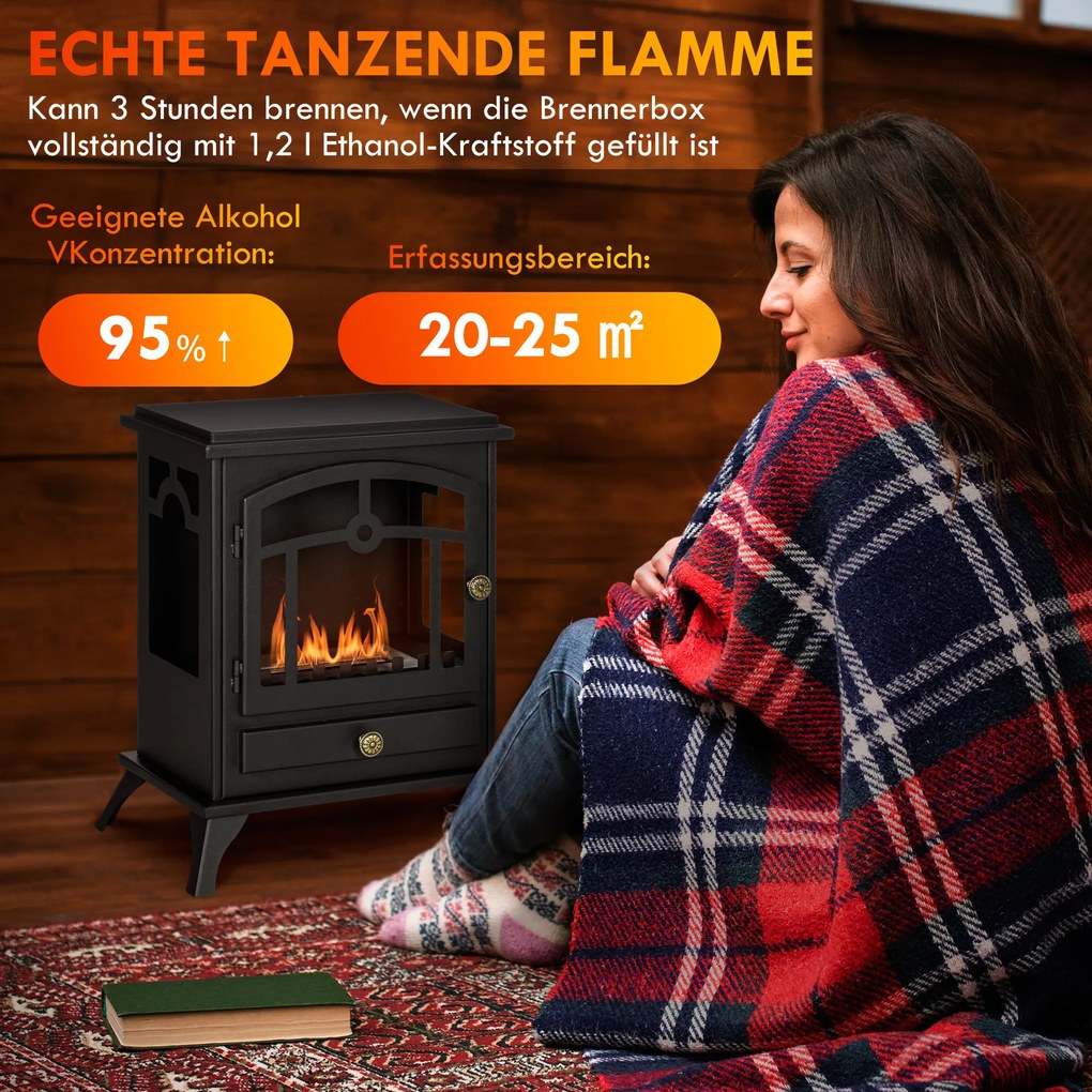 HOMCOM Volně stojící biokrb s hořákem z nerezové oceli o objemu 1,2 l, 3 hodiny doby hoření pro prostory 20-25 m², rozměry 45x28x54 cm, černý