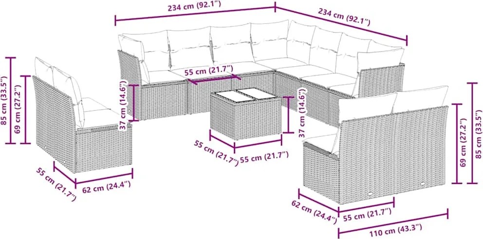 12dílná zahradní sedací souprava podušky světle šedá polyratan 3217832