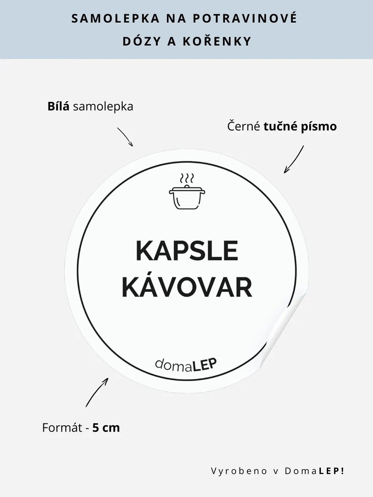 KAPSLE KÁVOVAR – bílá samolepka na dózu, tučné písmo, 5 cm | DomaLEP