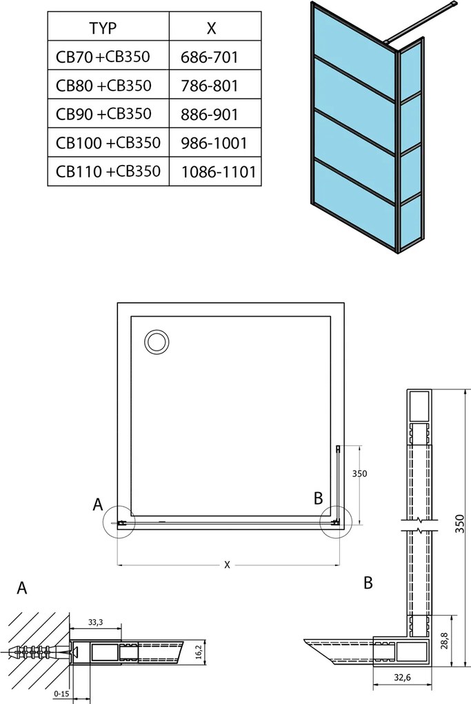 Gelco Gelco, CURE BLACK přídavný panel 350 mm, čiré sklo, CB350