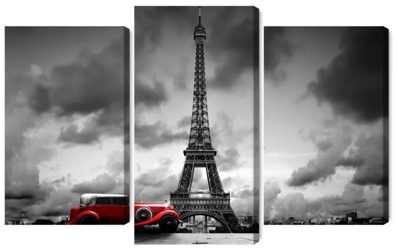 Vícedílný obraz Černobílý Pohled Na Eiffelovu Věž A Retro Auto Nedostatek Nedostatek Přírodní plátno 90x60