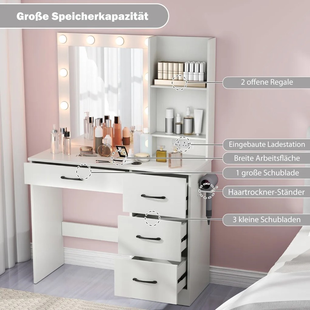 Costway Toaletní stolek s LED osvětlením 3 barvy s nastavitelným jasem – bílý
