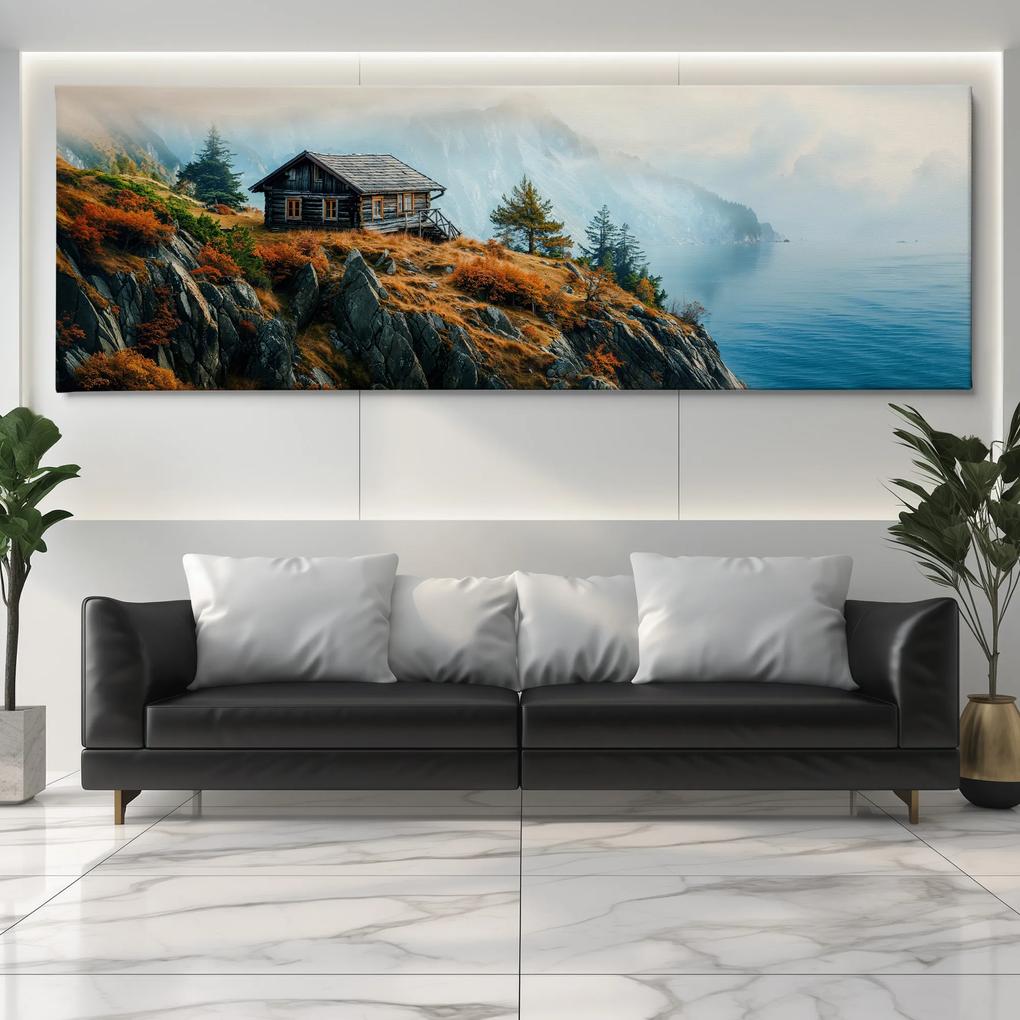 Obraz na plátně - Skalní chatka na mlžném pobřeží FeelHappy.cz Velikost obrazu: 90 x 30 cm