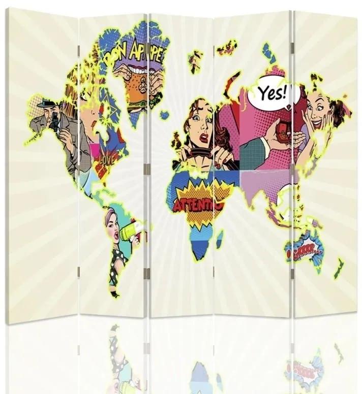 Ozdobný paraván Mapa světa pop-artu - 180x170 cm, pětidílný, obustranný paraván 360°