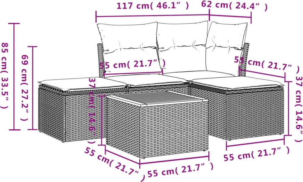 5dílná zahradní sedací souprava s poduškami černá polyratan 3223585