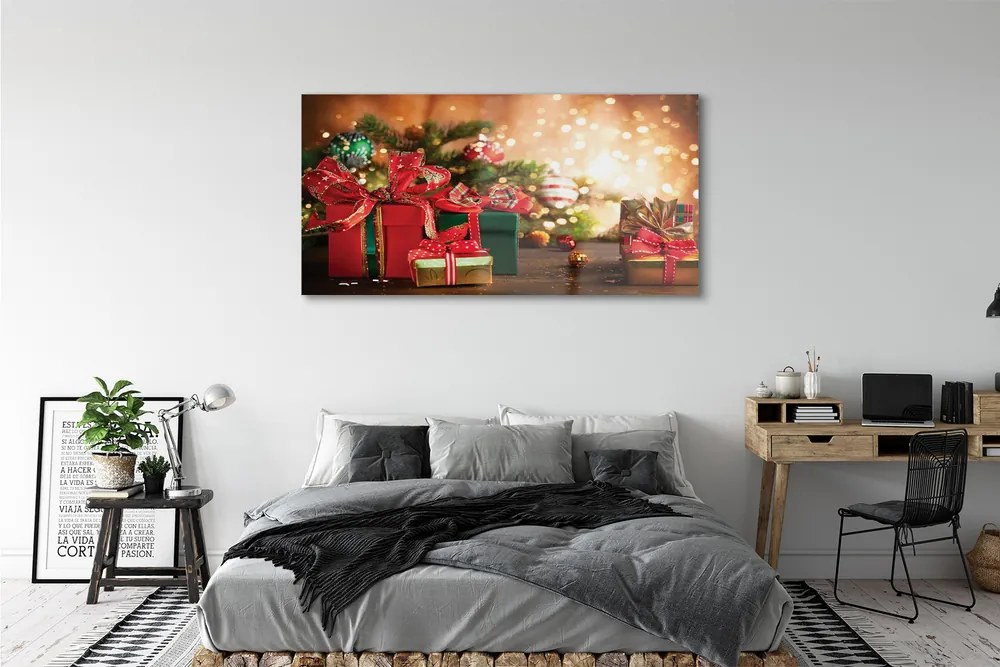 akrylový obraz Dárky vánoční ozdoby světla 140x70 cm