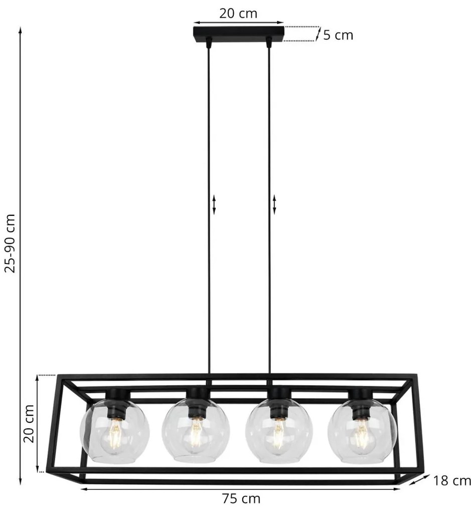 Závěsné svítidlo Haga Cage, 4x transparentní skleněné stínítko v kovovém rámu