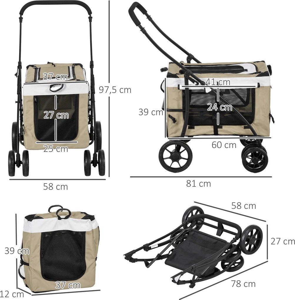 PawHut Kočárek pro psy Pet buggy Kočárek pro psy, skládací, odnímatelný košík, 81 x 58 x 97,5 cm, černá+khaki+bílá