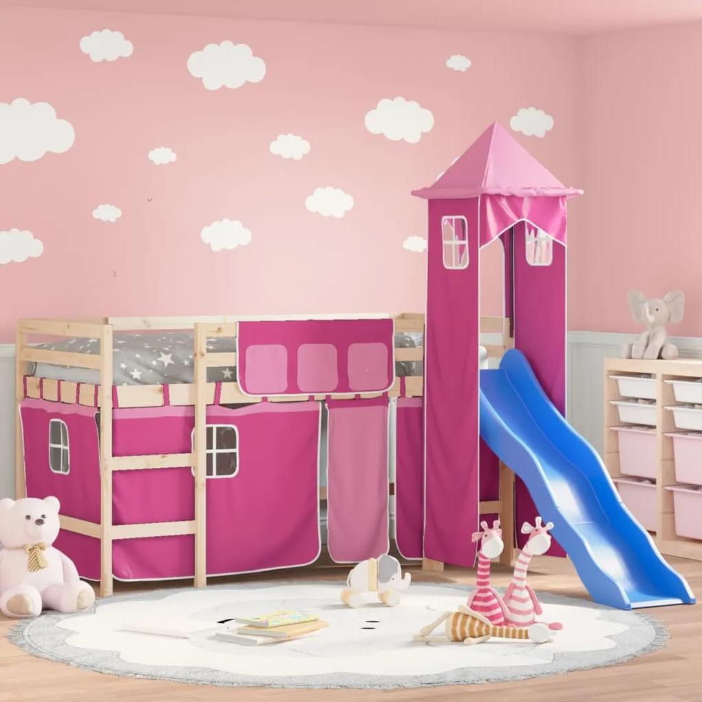 Dětská patrová postel s věží růžová 90 x 190 cm masiv borovice,  3207083