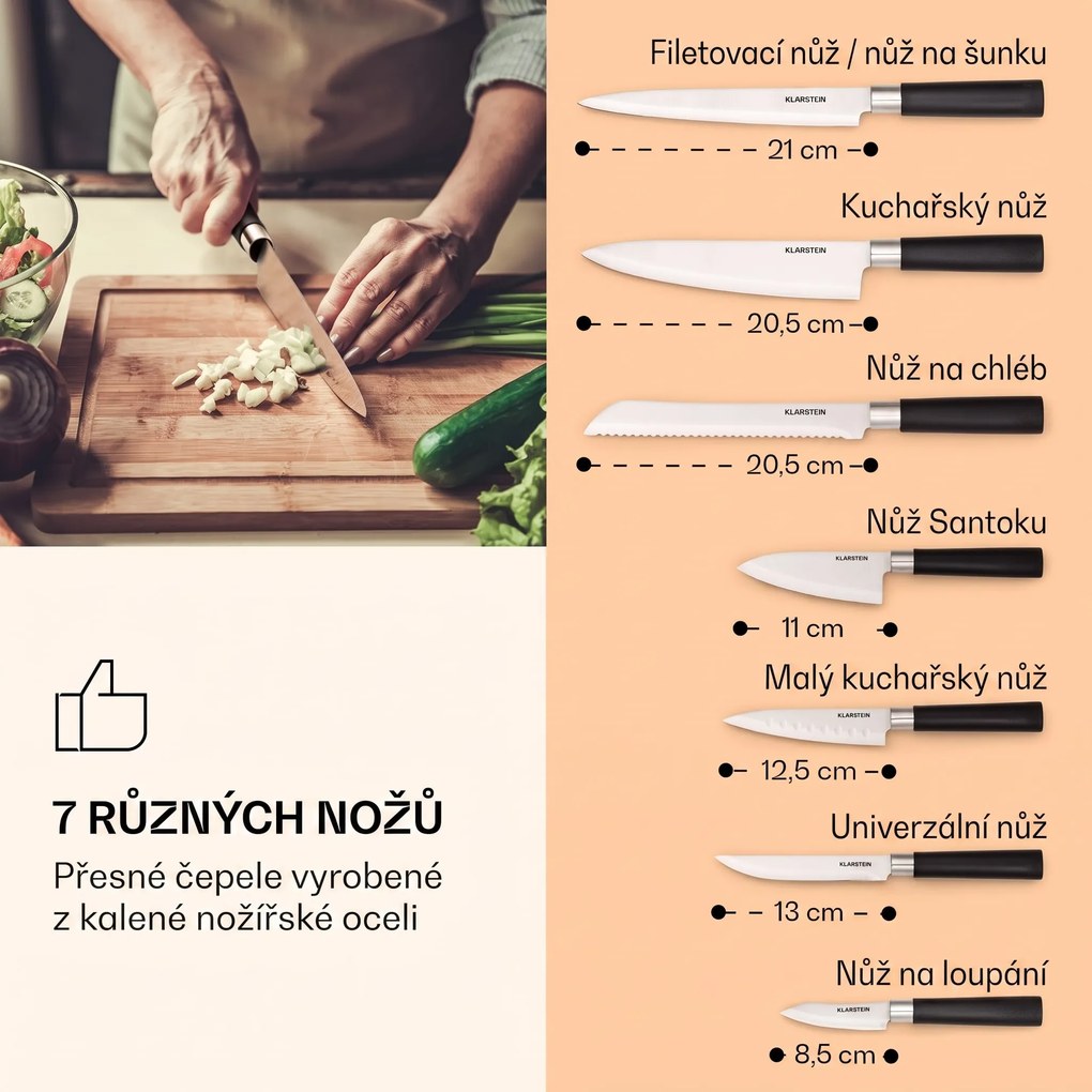 Klarstein Kitano 8dílná sada nožů s blokem 7 nožů ocel, elegantní dřevěný blok