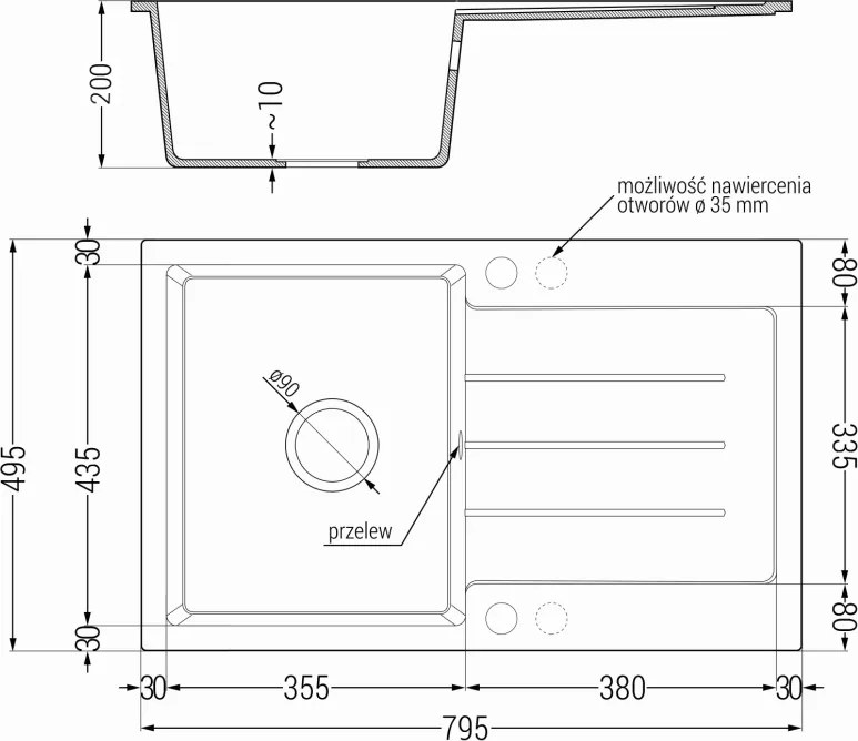 Mexen Bruno, granitový dřez 795x495x200 mm, 1-komorový, šedá s černým sifonem, 6513791010-71-B