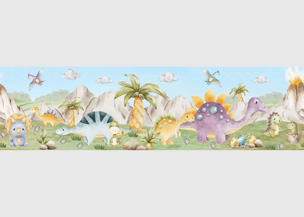 Dětská samolepící bordura na zeď Akvareloví Dinosauři | 5 m x 13.8 cm | DWBD8511