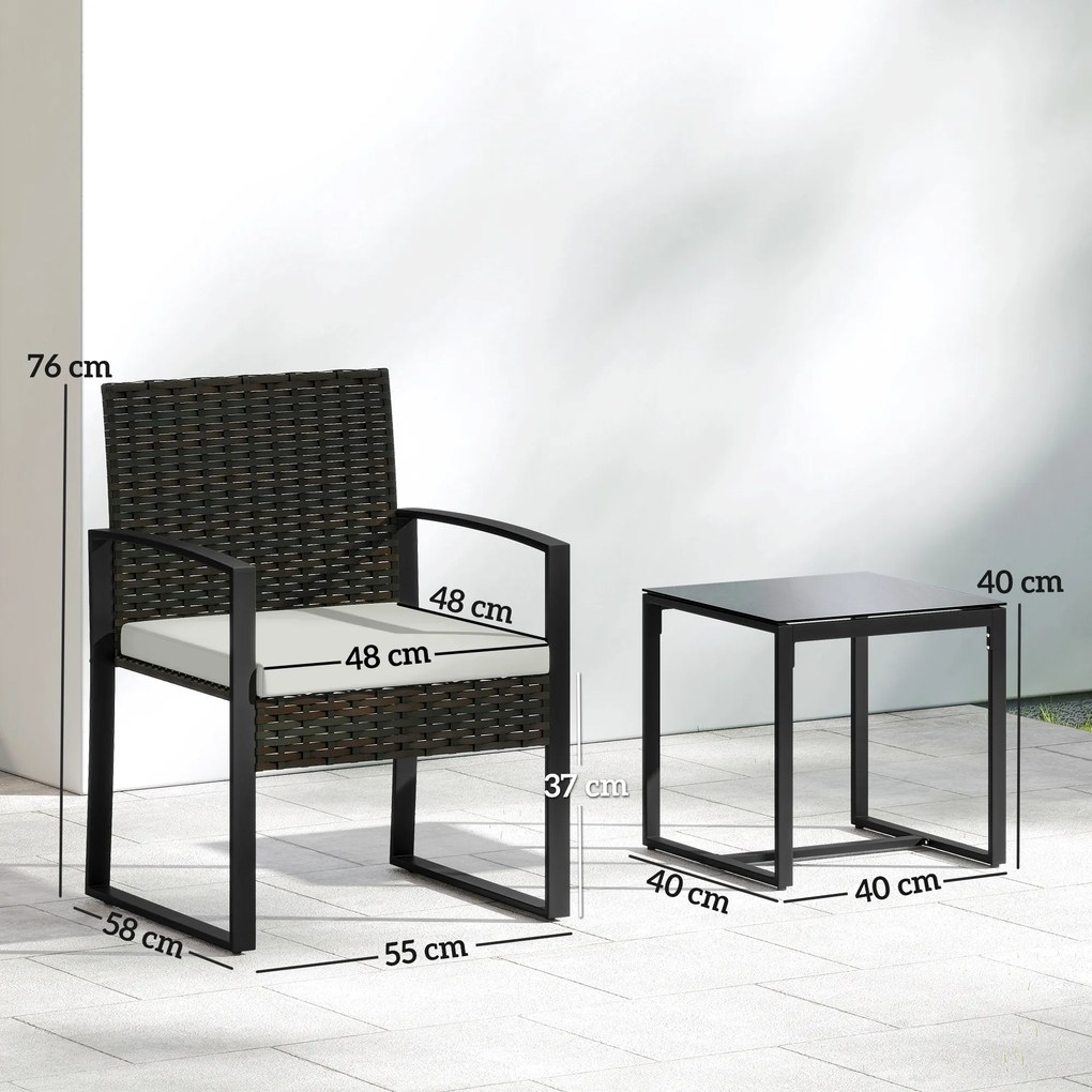 Ratanový bistro set, 3dílná sada zahradního nábytku se 2 zahradními židlemi, konferenčním stolkem, odnímatelnými polštáři krémově bílá
