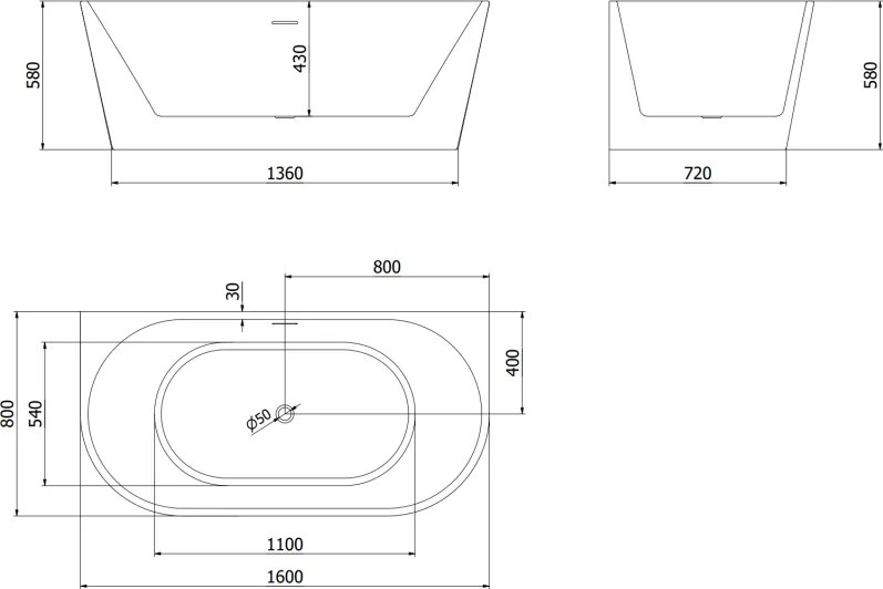 Mexen Oval, volně stojící nástěnná vana 160 x 80 cm, bílá-černá, zlatý matný přepad, 52671608075-55