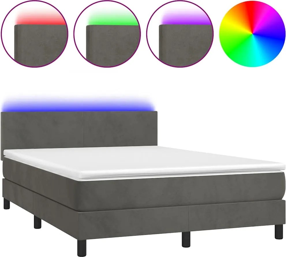 Box spring postel s matrací a LED tmavě šedá 140x200 cm samet 3134286