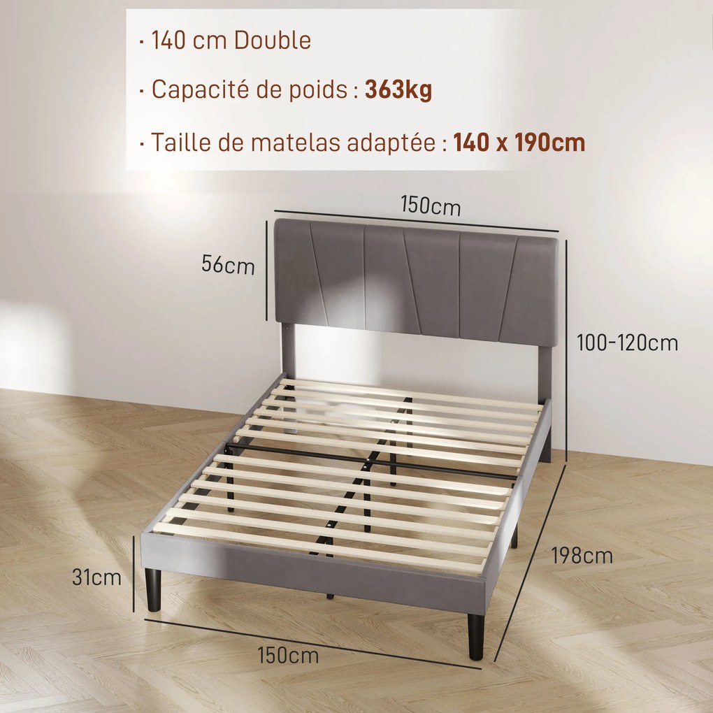 HOMCOM Dvoulůžkový Rám Postele, 140 x 190 cm, Postel pro 2 osoby, Kovový Rám, Nastavitelný Čelní Panel, s Lamelovým Roštem, Úložný Prostor pod Postel…